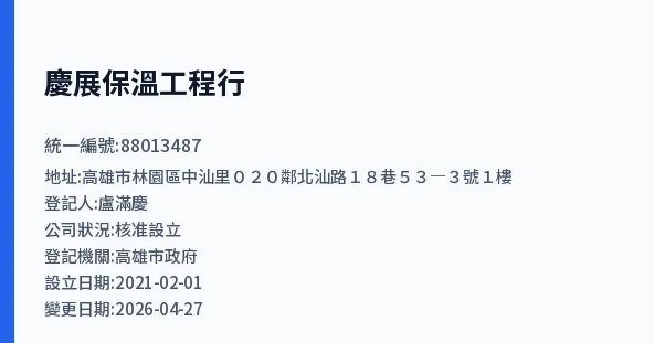 慶展保溫工程行的照片-統編 88013487(高雄市) 公司登記資料與營業項目詳細圖表