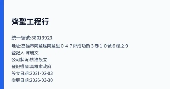 齊聖工程行的照片-統編 88013923(高雄市) 公司登記資料與營業項目詳細圖表