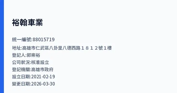 裕翰車業的照片-統編 88015719(高雄市) 公司登記資料與營業項目詳細圖表