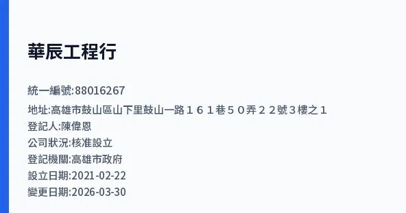 華辰工程行的照片-統編 88016267(高雄市) 公司登記資料與營業項目詳細圖表