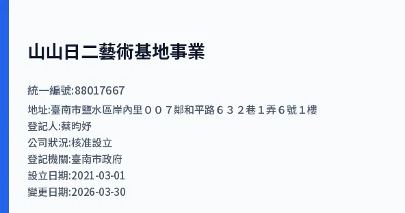 山山日二藝術基地事業的照片-統編 88017667(臺南市) 公司登記資料與營業項目詳細圖表
