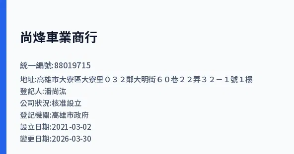 尚烽車業商行的照片-統編 88019715(高雄市) 公司登記資料與營業項目詳細圖表