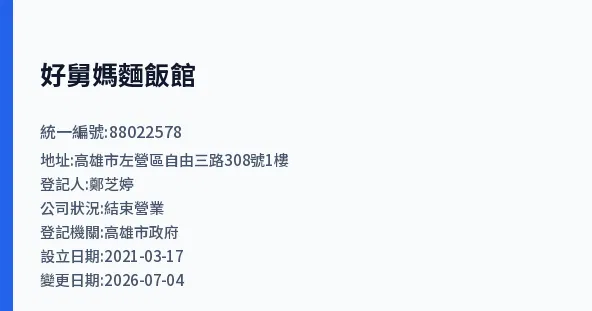 好舅媽麵飯館的照片-統編 88022578(高雄市) 公司登記資料與營業項目詳細圖表