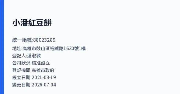 小潘紅豆餅的照片-統編 88023289(高雄市) 公司登記資料與營業項目詳細圖表