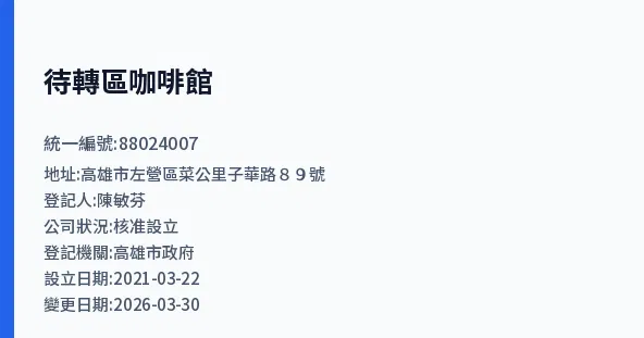 待轉區咖啡館的照片-統編 88024007(高雄市) 公司登記資料與營業項目詳細圖表
