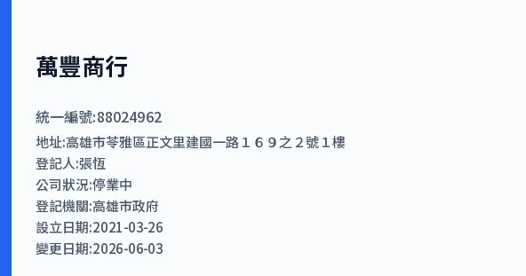 萬豐商行的照片-統編 88024962(高雄市) 公司登記資料與營業項目詳細圖表