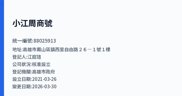 小江周商號的照片-統編 88025913(高雄市) 公司登記資料與營業項目詳細圖表