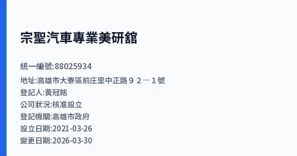 宗聖汽車專業美研舘的照片-統編 88025934(高雄市) 公司登記資料與營業項目詳細圖表