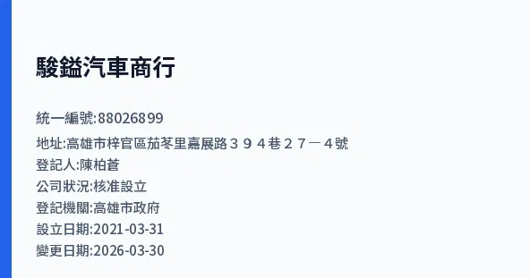 駿鎰汽車商行的照片-統編 88026899(高雄市) 公司登記資料與營業項目詳細圖表