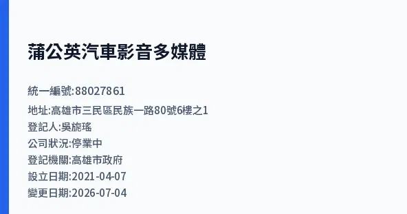 蒲公英汽車影音多媒體的照片-統編 88027861(高雄市) 公司登記資料與營業項目詳細圖表