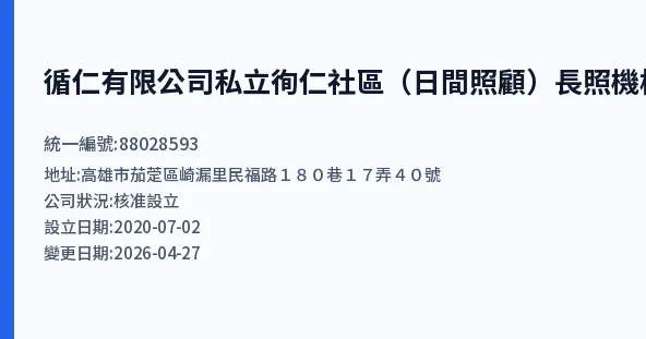 循仁有限公司私立徇仁社區(日間照顧)長照機構的照片-統編 88028593(高雄市) 公司登記資料與營業項目詳細圖表