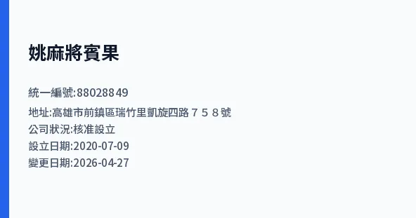姚麻將賓果的照片-統編 88028849(高雄市) 公司登記資料與營業項目詳細圖表