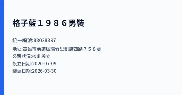 格子藍1986男裝的照片-統編 88028897(高雄市) 公司登記資料與營業項目詳細圖表