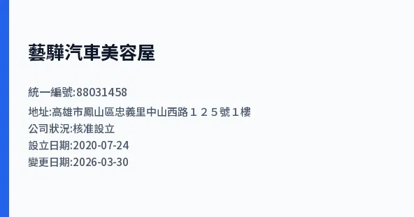 藝驊汽車美容屋的照片-統編 88031458(高雄市) 公司登記資料與營業項目詳細圖表
