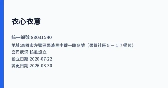 衣心衣意的照片-統編 88031540(高雄市) 公司登記資料與營業項目詳細圖表