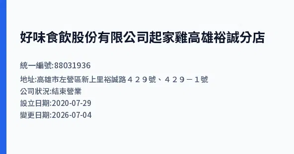 好味食飲股份有限公司起家雞高雄裕誠分店的照片-統編 88031936(高雄市) 公司登記資料與營業項目詳細圖表