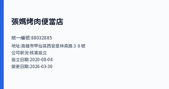 張媽烤肉便當店的照片-統編 88032885(高雄市) 公司登記資料與營業項目詳細圖表