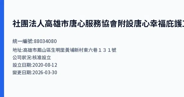 社團法人高雄市唐心服務協會附設唐心幸福庇護工場的照片-統編 88034080(高雄市) 公司登記資料與營業項目詳細圖表