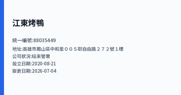 江東烤鴨的照片-統編 88035449(高雄市) 公司登記資料與營業項目詳細圖表