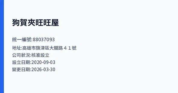 狗賀夾旺旺屋的照片-統編 88037093(高雄市) 公司登記資料與營業項目詳細圖表