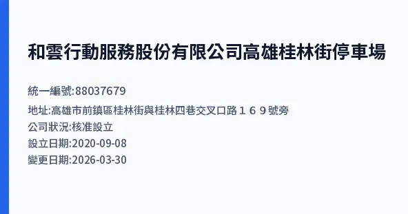 和雲行動服務股份有限公司高雄桂林街停車場的照片-統編 88037679(高雄市) 公司登記資料與營業項目詳細圖表