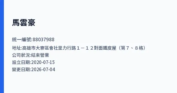 馬雲豪的照片-統編 88037988(高雄市) 公司登記資料與營業項目詳細圖表