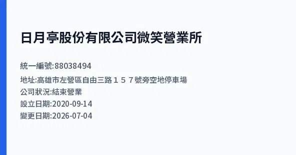 日月亭股份有限公司微笑營業所的照片-統編 88038494(高雄市) 公司登記資料與營業項目詳細圖表