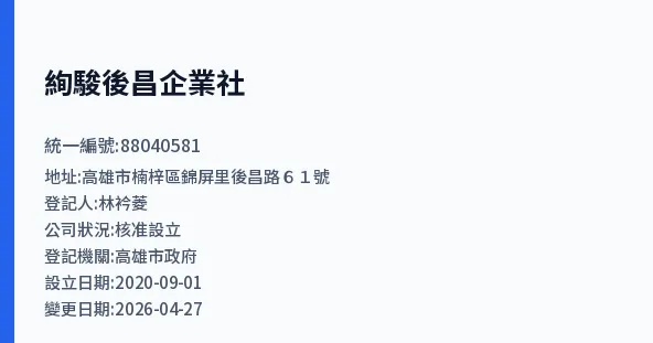 絢駿後昌企業社的照片-統編 88040581(高雄市) 公司登記資料與營業項目詳細圖表