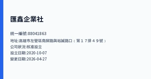 匯鑫企業社的照片-統編 88041863(高雄市) 公司登記資料與營業項目詳細圖表