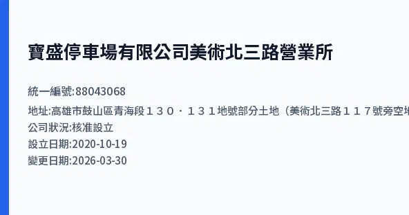寶盛停車場有限公司美術北三路營業所的照片-統編 88043068(高雄市) 公司登記資料與營業項目詳細圖表