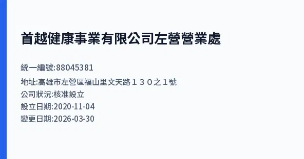 首越健康事業有限公司左營營業處的照片-統編 88045381(高雄市) 公司登記資料與營業項目詳細圖表