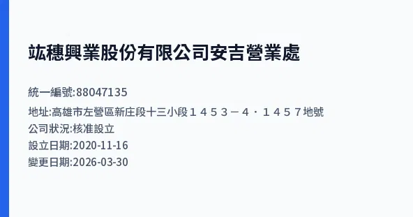 竑穗興業股份有限公司安吉營業處的照片-統編 88047135(高雄市) 公司登記資料與營業項目詳細圖表
