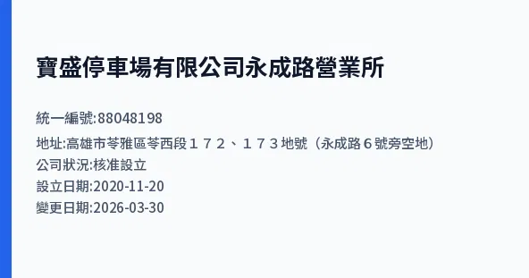寶盛停車場有限公司永成路營業所的照片-統編 88048198(高雄市) 公司登記資料與營業項目詳細圖表