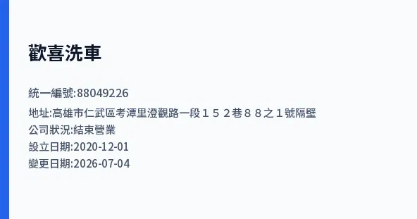 歡喜洗車的照片-統編 88049226(高雄市) 公司登記資料與營業項目詳細圖表
