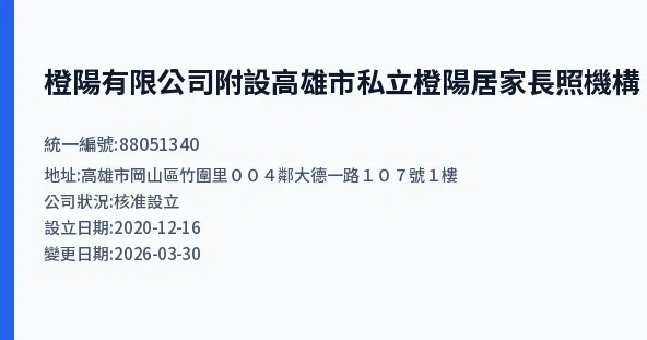 橙陽有限公司附設高雄市私立橙陽居家長照機構的照片-統編 88051340(高雄市) 公司登記資料與營業項目詳細圖表