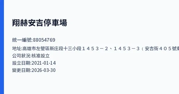 翔赫安吉停車場的照片-統編 88054769(高雄市) 公司登記資料與營業項目詳細圖表