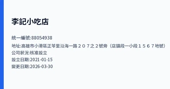 李記小吃店的照片-統編 88054938(高雄市) 公司登記資料與營業項目詳細圖表
