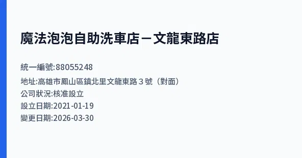 魔法泡泡自助洗車店-文龍東路店的照片-統編 88055248(高雄市) 公司登記資料與營業項目詳細圖表