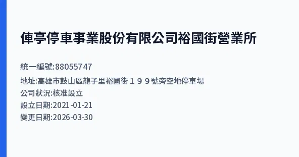 俥亭停車事業股份有限公司裕國街營業所的照片-統編 88055747(高雄市) 公司登記資料與營業項目詳細圖表