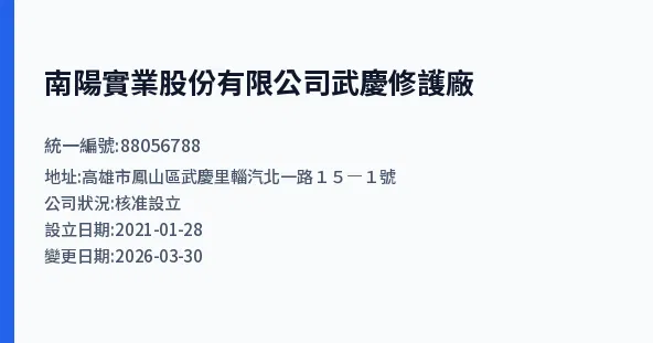 南陽實業股份有限公司武慶修護廠的照片-統編 88056788(高雄市) 公司登記資料與營業項目詳細圖表