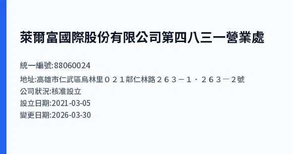 萊爾富國際股份有限公司第四八三一營業處的照片-統編 88060024(高雄市) 公司登記資料與營業項目詳細圖表