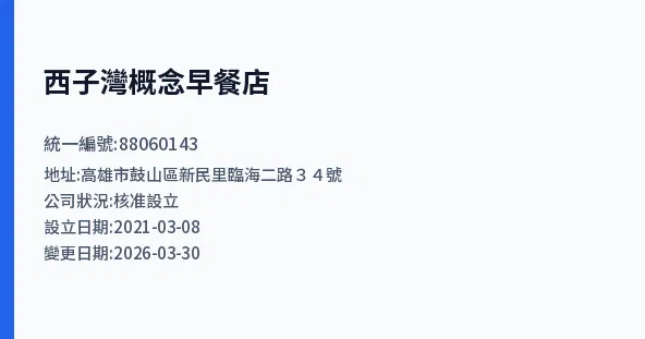 西子灣概念早餐店的照片-統編 88060143(高雄市) 公司登記資料與營業項目詳細圖表