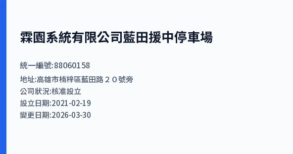 霖園系統有限公司藍田援中停車場的照片-統編 88060158(高雄市) 公司登記資料與營業項目詳細圖表