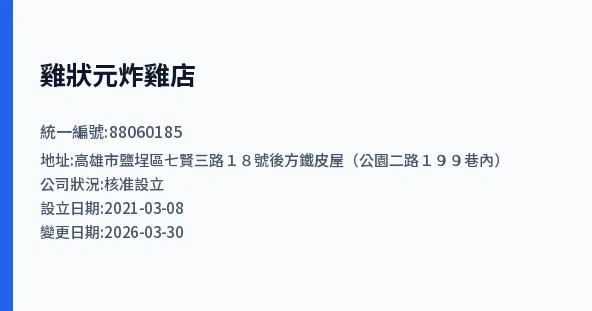 雞狀元炸雞店的照片-統編 88060185(高雄市) 公司登記資料與營業項目詳細圖表