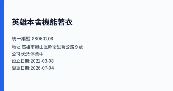 英雄本舍機能著衣的照片-統編 88060208(高雄市) 公司登記資料與營業項目詳細圖表