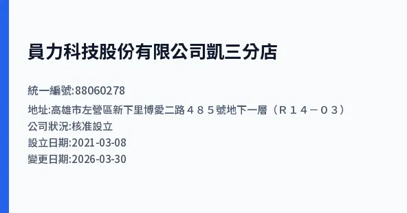 員力科技股份有限公司凱三分店的照片-統編 88060278(高雄市) 公司登記資料與營業項目詳細圖表