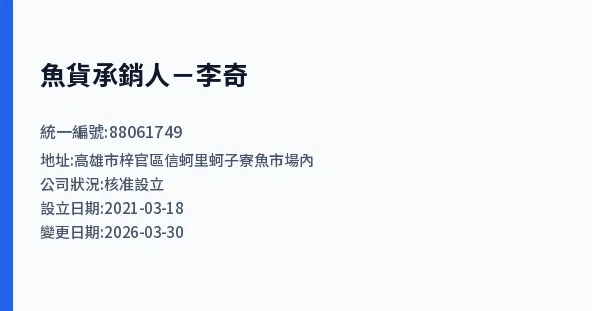 魚貨承銷人-李奇的照片-統編 88061749(高雄市) 公司登記資料與營業項目詳細圖表