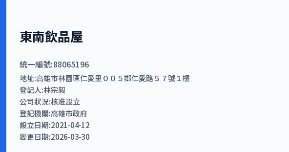 東南飲品屋的照片-統編 88065196(高雄市) 公司登記資料與營業項目詳細圖表