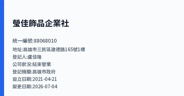 瑩佳飾品企業社的照片-統編 88068010(高雄市) 公司登記資料與營業項目詳細圖表