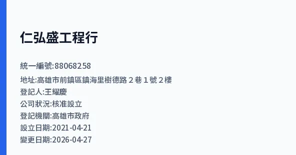 仁弘盛工程行的照片-統編 88068258(高雄市) 公司登記資料與營業項目詳細圖表